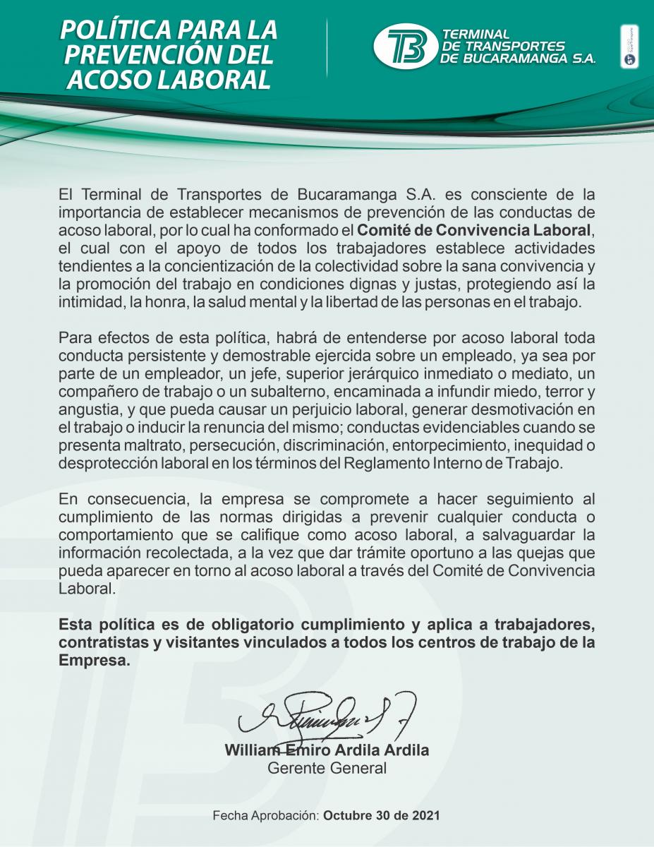 Política Para La Prevención Del Acoso Laboral Terminal De
